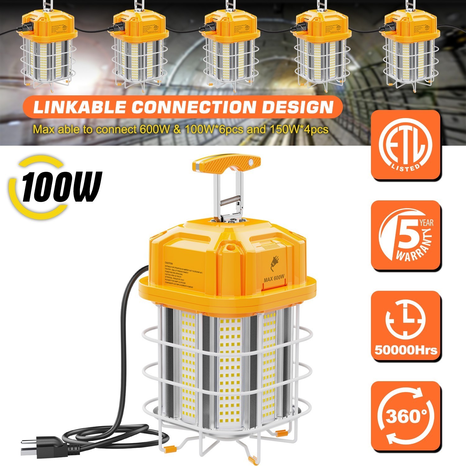 Linkable 100W LED Temporary Work Light Construction Jobsite Lighting 14 ...