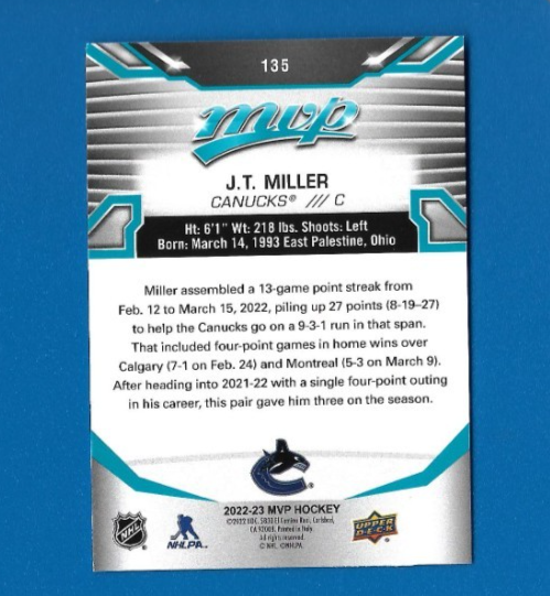 2022-23 Upper Deck MVP J.T. Miller Card, Vancouver Canucks #135 | eBay