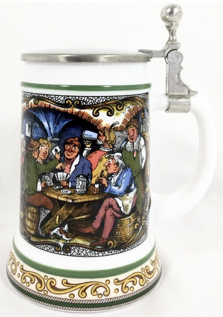 Vtg W. German Original BMF Bierseidel Beer Stein Milk Glass Pewter Pub ...
