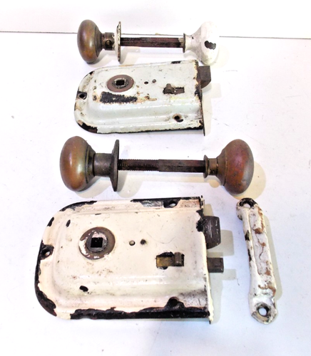 Two sets of antique original reclaimed door rim locks with brass knobs | eBay