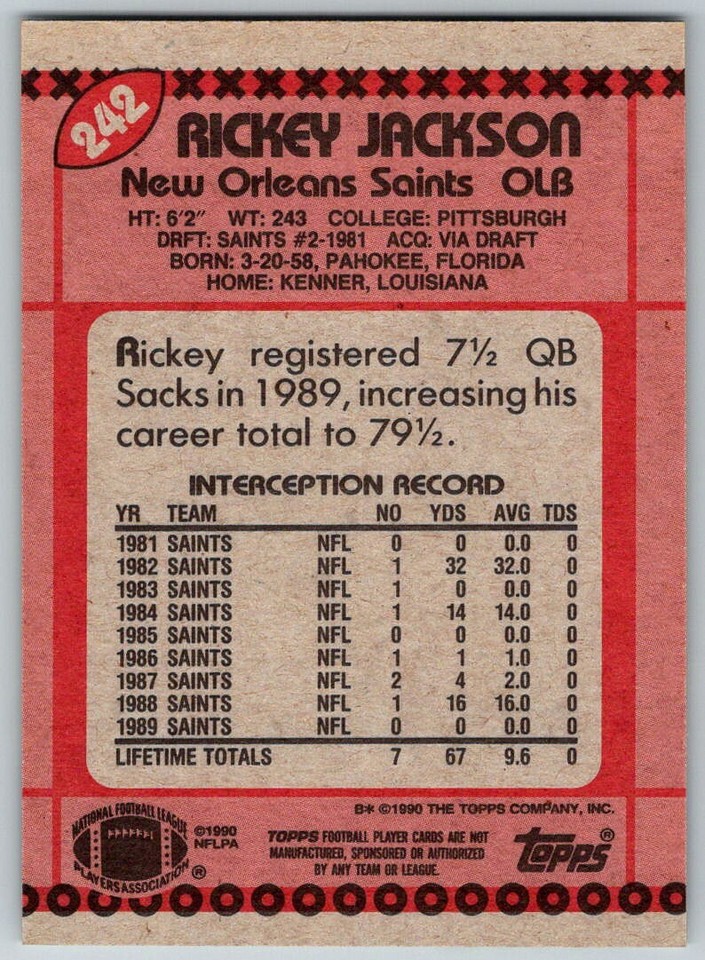 1990 Topps Football Card Rickey Jackson #242 New Orleans Saints | eBay