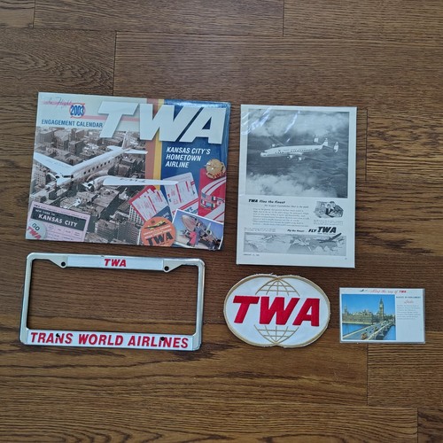 TWA TRANS WORLD AIRLINES LICENSE PLATE FRAME PATCH CALENDAR POSTCARD ...