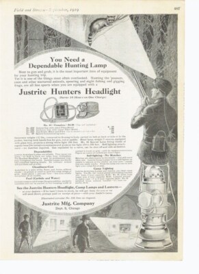 1919 JUSTRITE HUNTERS HEADLIGHT LAMP LANTERN TENT CAMP HUNT WOODS ...