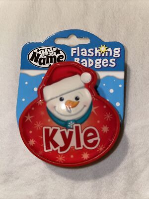 MY NAME FLASHING BADGES Kyle CHRISTMAS Snowman In SANTA HAT Holiday Pin ...