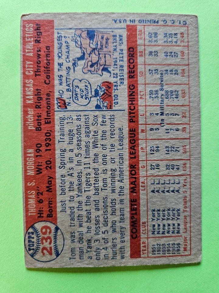 1957 Topps Baseball Tom Thomas Morgan #239 Kansas City Athletics Free ...
