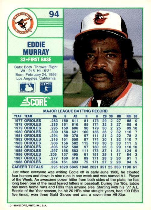1989 Score #94 Eddie Murray | eBay