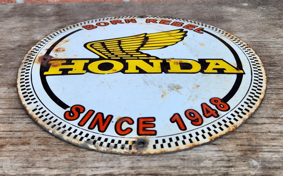 SUPERB LARGE ROUND HONDA MOTORCYCLE - BORN REBEL ENAMEL SIGN - MANCAVE ...
