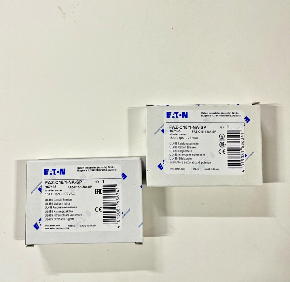 Lot of 2 Eaton FAZ-C15/1-NA-SP 15A 277VAC Circuit Breaker UL489 - New ...