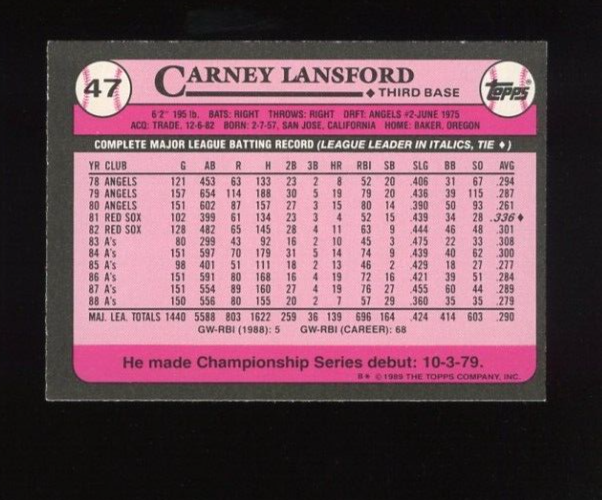 1989 TOPPS TIFFANY #47 CARNEY LANSFORD OAKLAND ATHLETICS | eBay