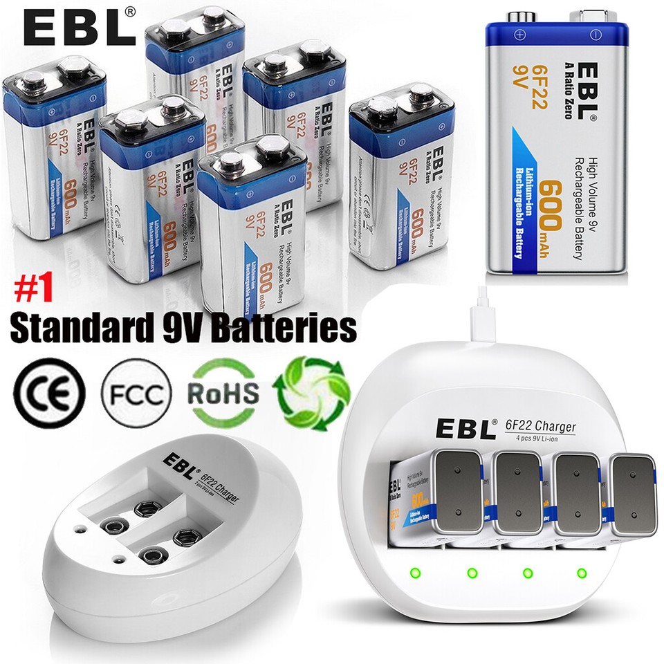 EBL 600mAh 9V Lithium-ion Rechargeable Batteries / optional Charger Lot ...
