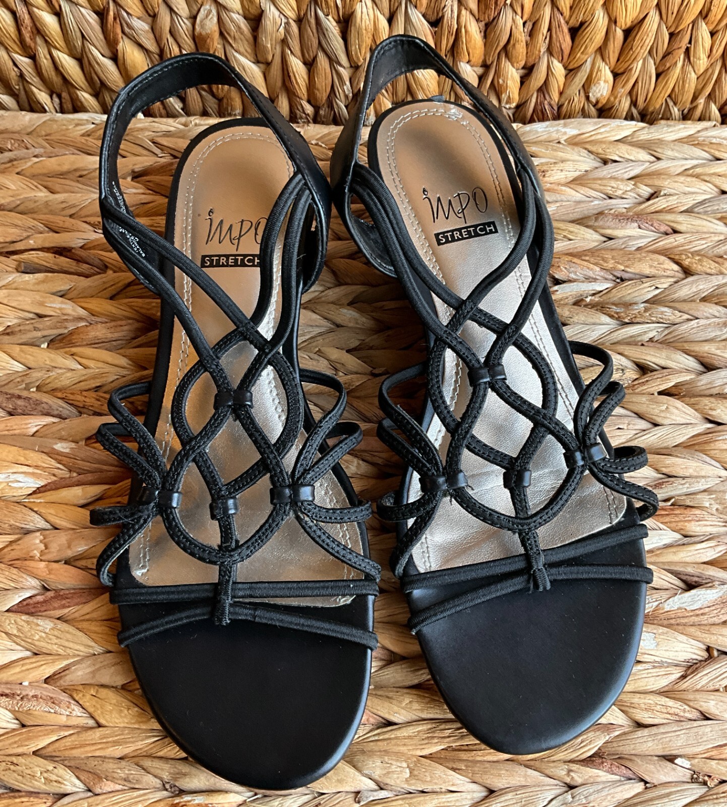 IMPO Reign Low Heel Wedge Stretch Strappy Sandals Bla… - Gem