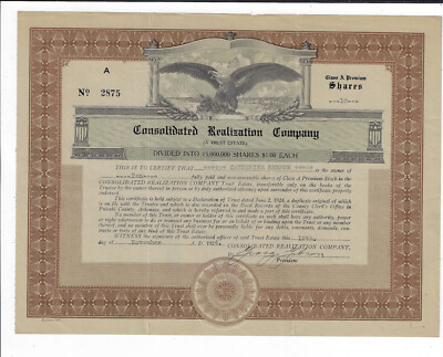 ARKANSAS 1924 Consolidated Realization Company Stock Certificate ...