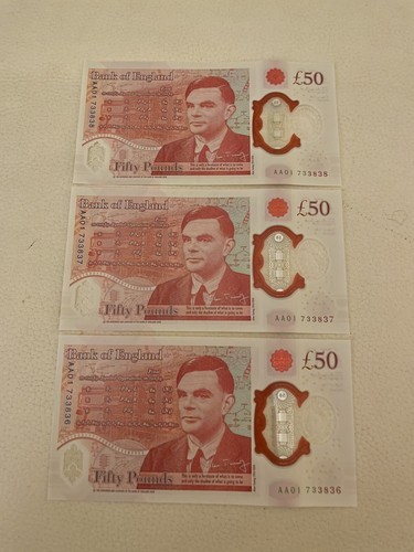 X3 CONSECUTIVE AA01 £50 NOTES UNCIRCULATED, BANK OF ENGLAND ALAN TURING ...