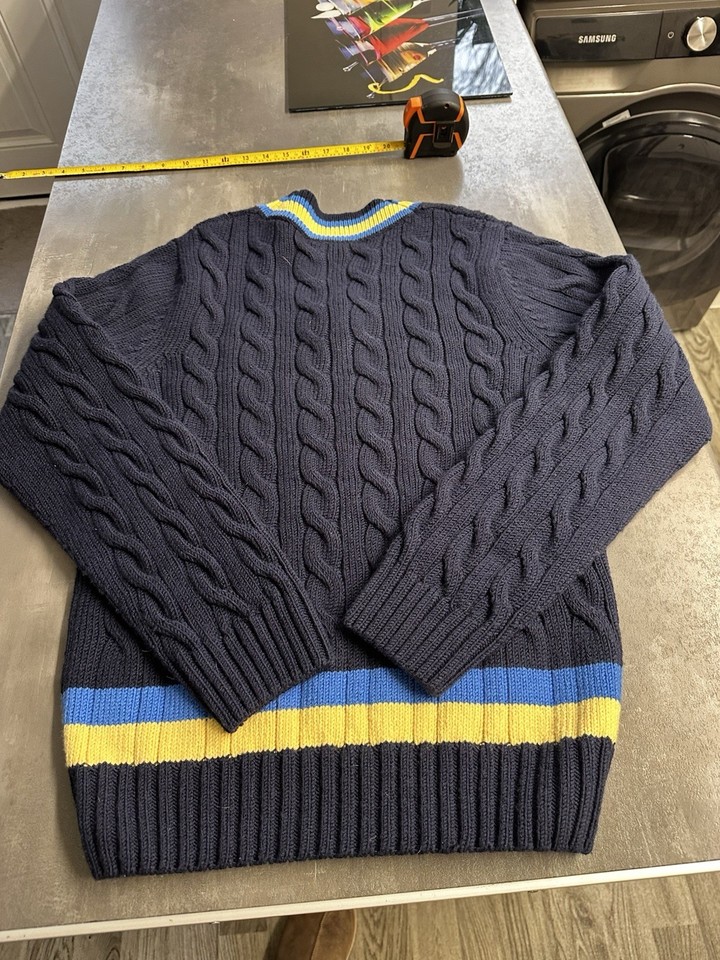 Retro Lacoste Tennis Cricket Jumper Small Cable Knit Blue Yellow Heavy ...