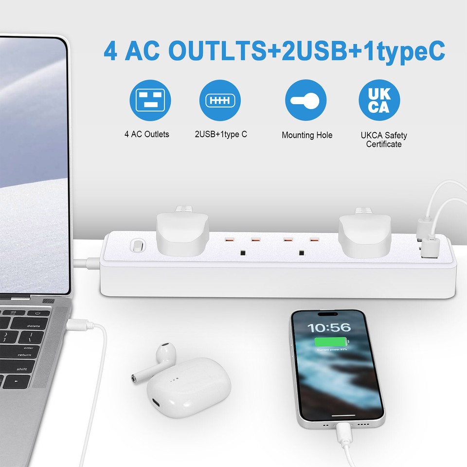 1.15m 4Way 10A Trailing Socket Mains Power Extension Lead With USB-C ...