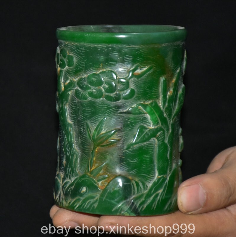 4.4" Rare Chinese Natural Green Jade Carving Tree Tong Zi Boy Pen ...