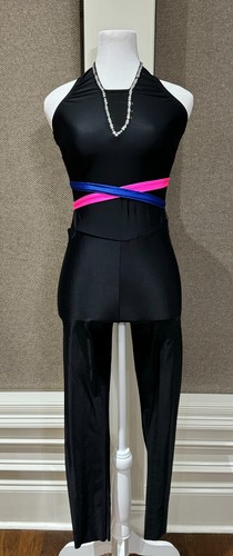 COMPLETELY CUSTOM BLACK UNITARD WITH BRIGHT BLUE AND PINK STRAPS IN AXS ...