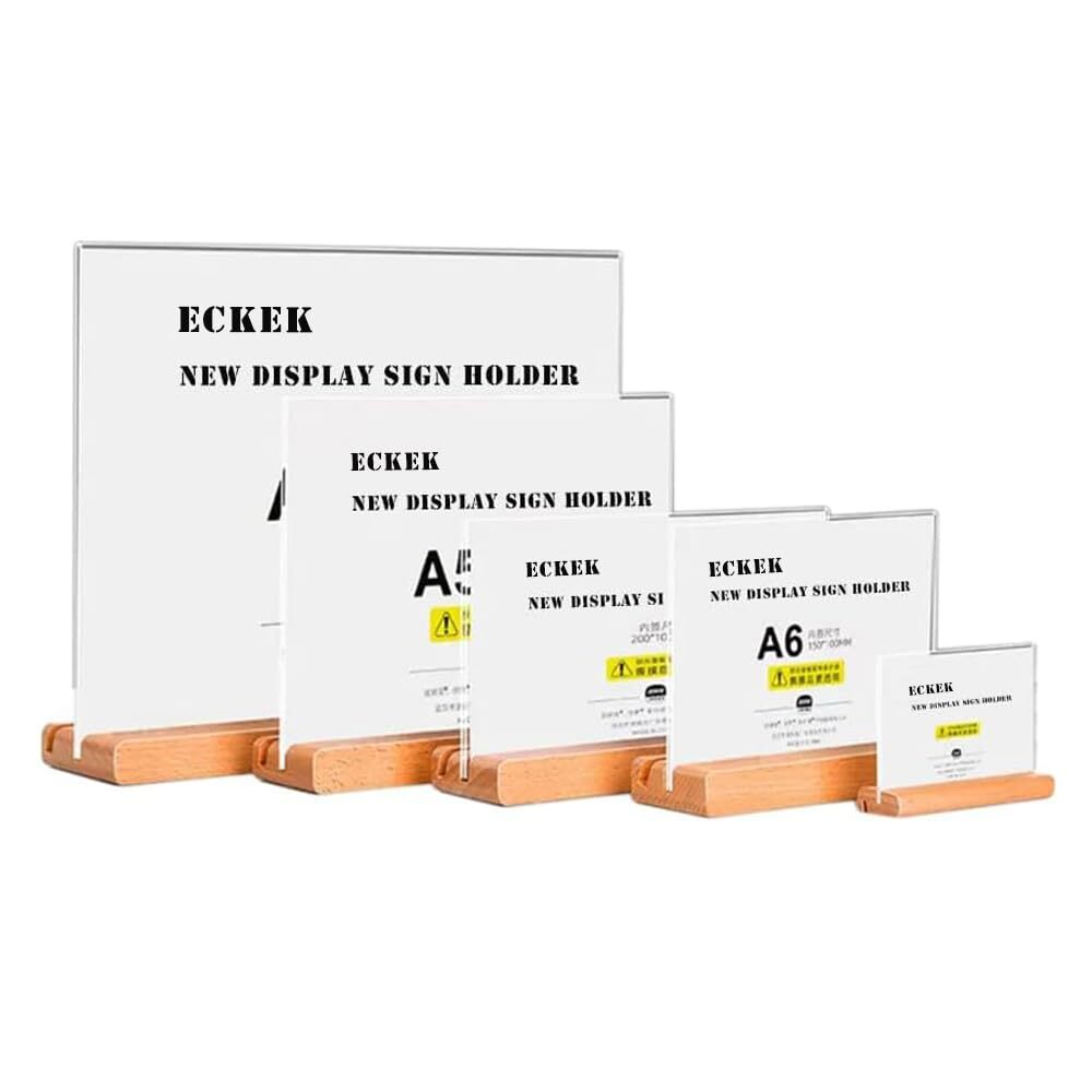 Plastic Sign Holder A5 [6 Pack] Acrylic Sign Holder T-Shape, Wood Base ...