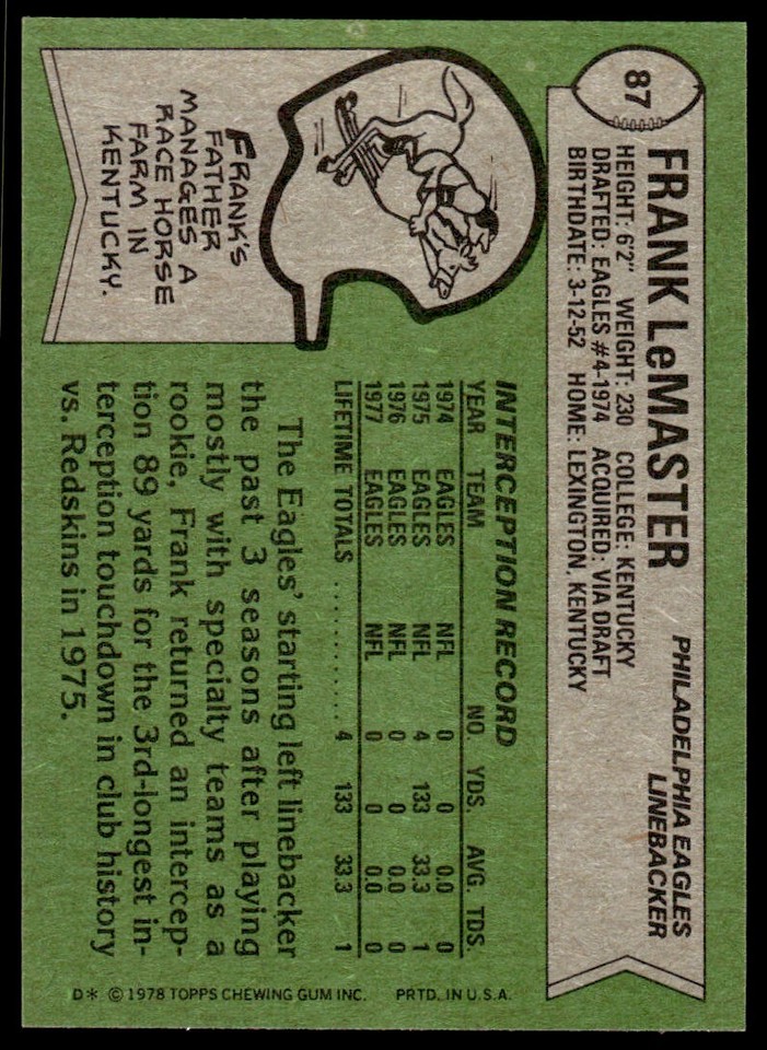 1978 TOPPS FRANK LEMASTER PHILADELPHIA EAGLES #87 | eBay