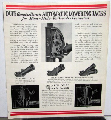 1937 Duff Genuine Barrett Automatic Jacks Sales Brochure Mines Mills ...
