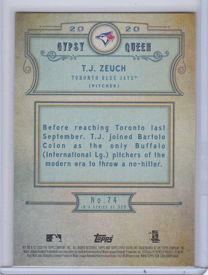 T.J. ZEUCH 2020 TOPPS GYPSY QUEEN Baseball Rookie Card #74 RC SP | eBay