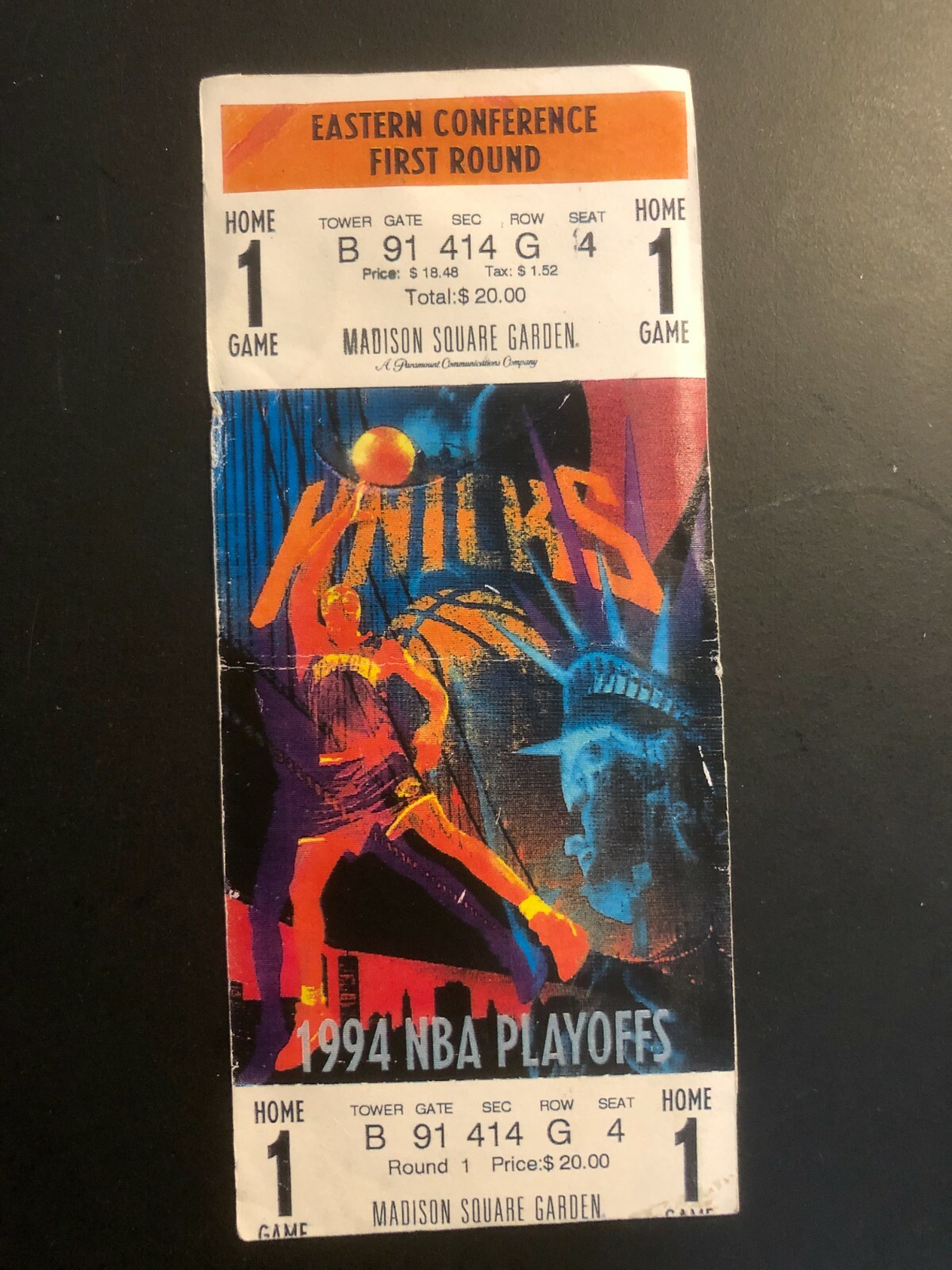 "KNICKS" 1994 HOME GAME ONE PLAYOFFS TICKET-STUB Seat 4 Madison Square ...