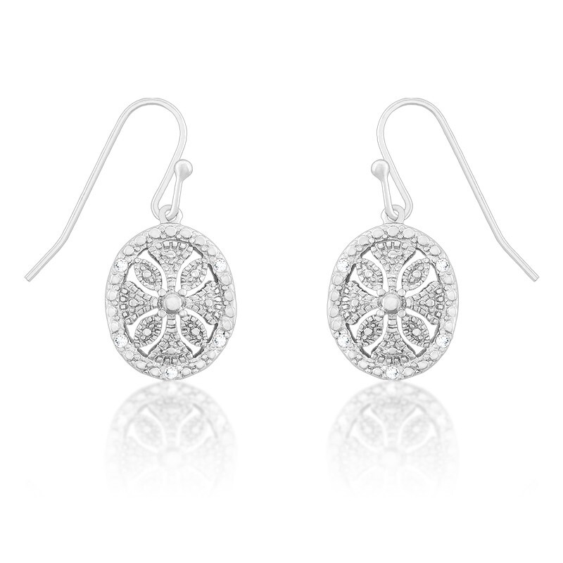 Sterling Silver Oval Disc with Flower Cutout Diamond Earrings | eBay