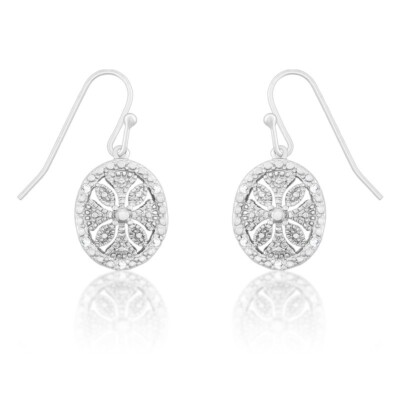 Sterling Silver Oval Disc with Flower Cutout Diamond Earrings | eBay