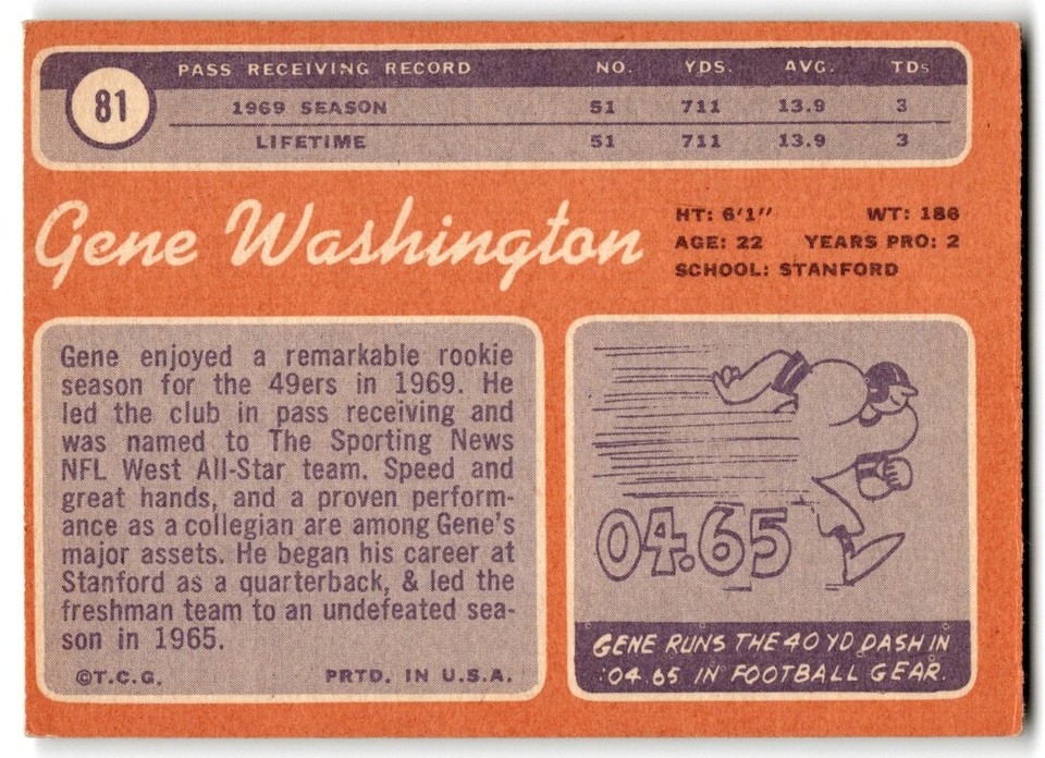 Gene Washington 1970 Topps Football RC Rookie #81 San Francisco 49ers ...
