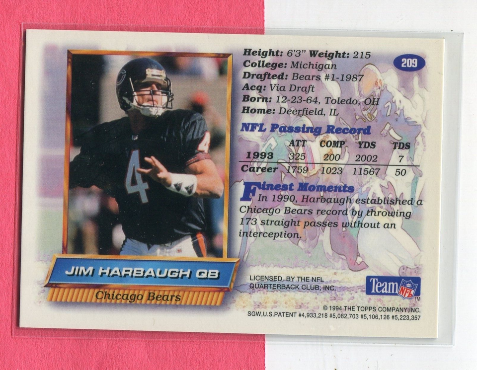 JIM HARBAUGH BEARS MICHIGAN WOLVERINES NFL 1994 TOPPS FINEST FOOTBALL ...