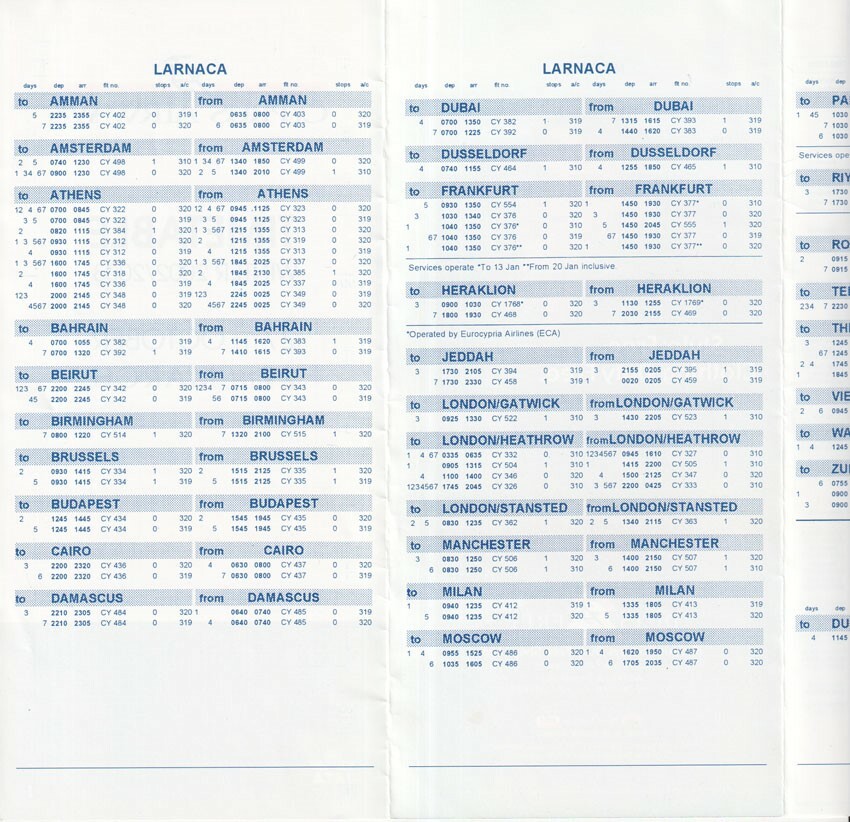 Cyprus Airways timetable 2002/10/27 | eBay