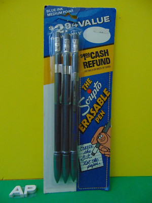 3 Pack Scripto Erasable Pens Blue Ink Medium Point Made in USA New ...