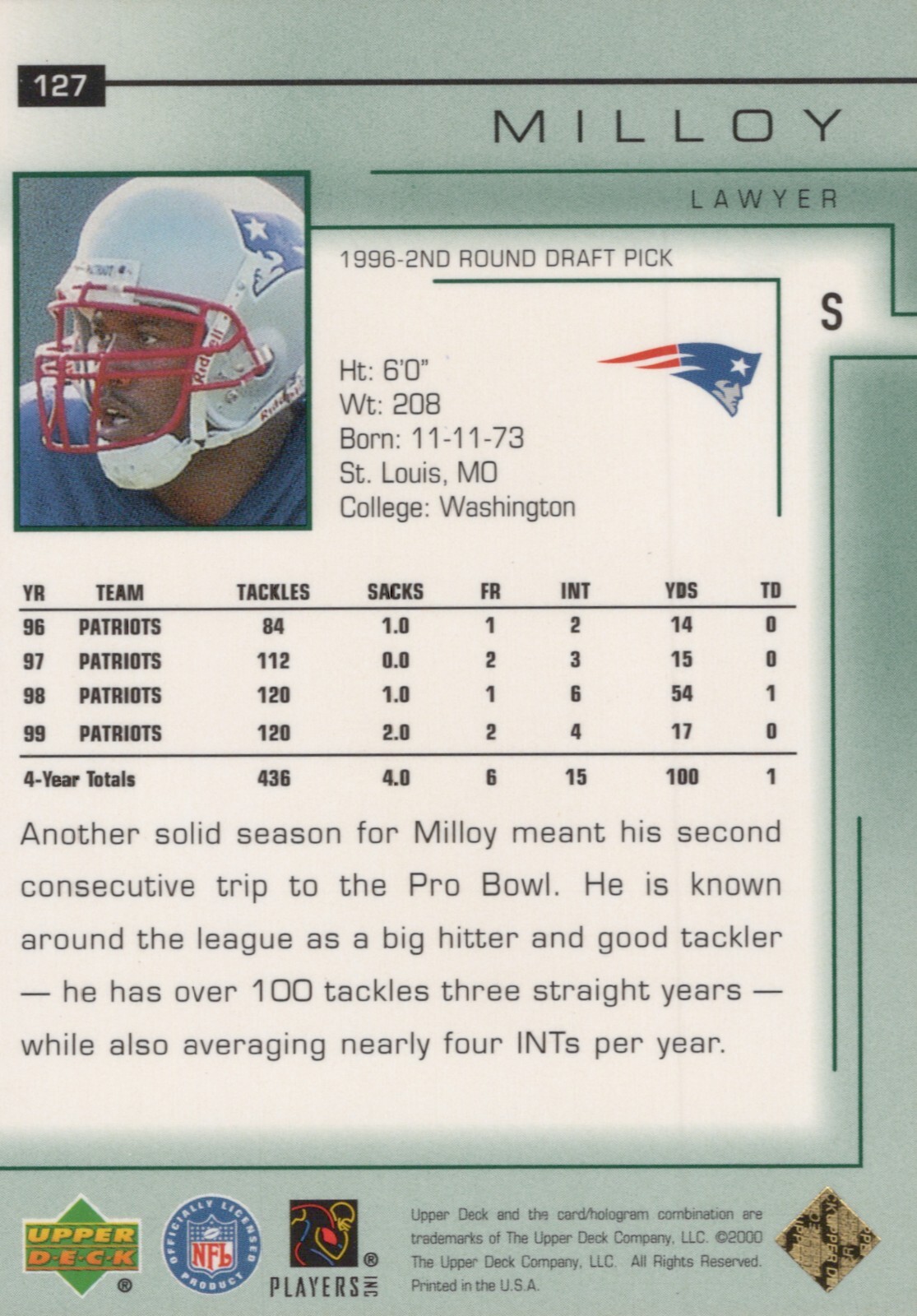 2000 Upper Deck - #127 Lawyer Milloy for sale online | eBay