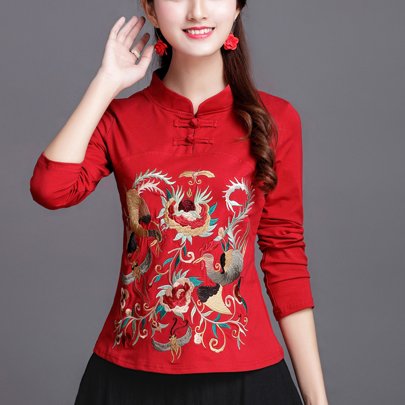 Lady Chinese Floral Embroidery T-Shirt Slim Blouse Tops Ethnic Mandarin ...