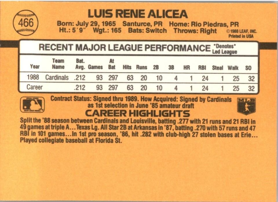 1989 Donruss #466 Luis Alicea RC St. Louis Cardinals Rookie Baseball ...