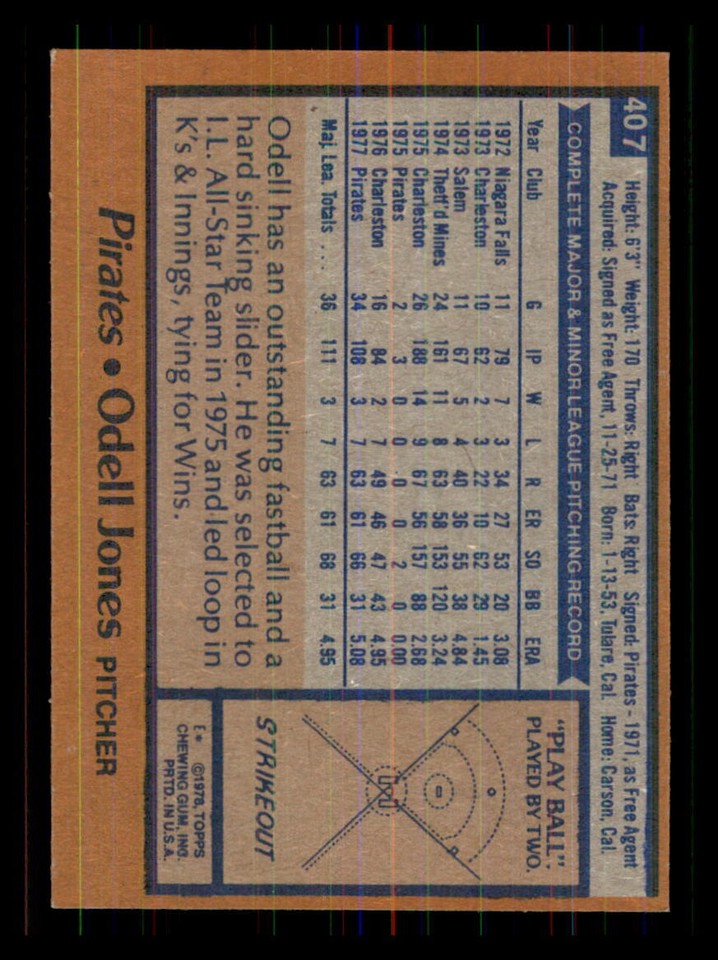 1978 Baseball Topps Odell Jones Pittsburgh Pirates #407 RC | eBay