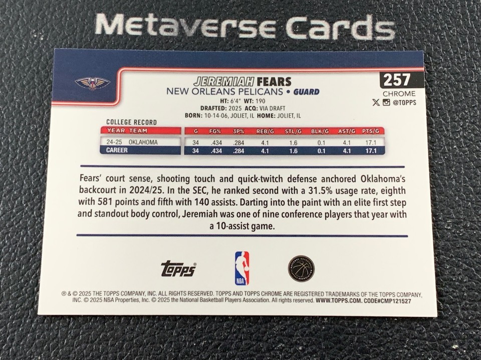 2025-26 Topps Chrome Jeremiah Fears RC Rookie Image Variation SSP ...
