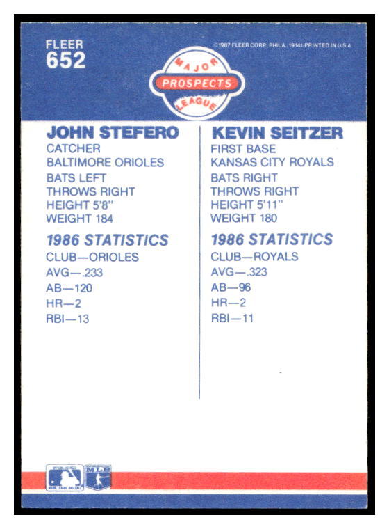 1987 Fleer 652 John Stefero / Kevin Seitzer Rookie | eBay