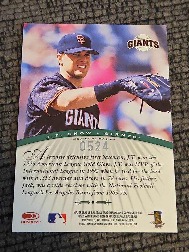 1997 MLB Donruss Signature Series Century Auto JT Snow No 26 Serial #'d ...
