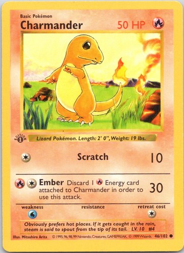 1999 Classic - Base Set Charmander 1ST EDITION SHADOWLESS RARE #46 #4 ...