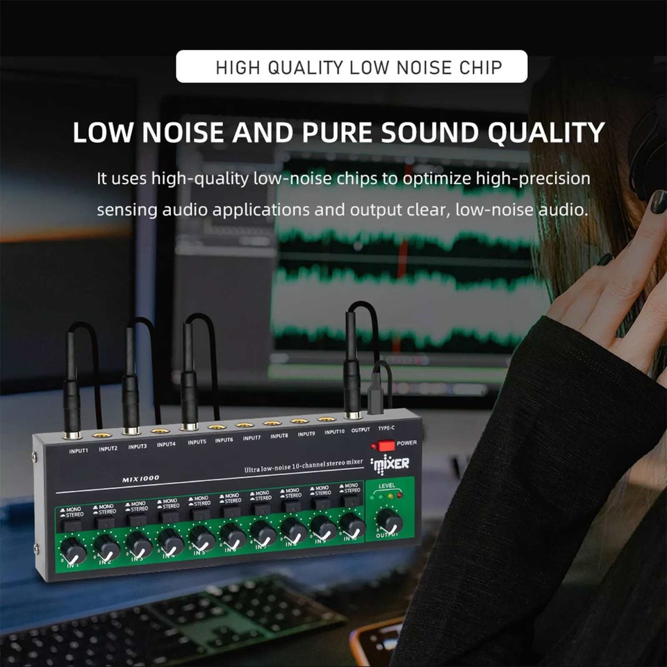 10 Channel Stereo Mono Audio Mixer Accessories 6.35mm Input Output TRS ...