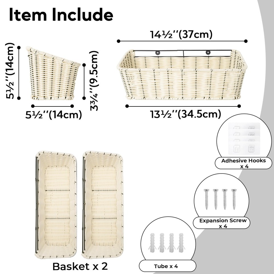 Wicker Hanging Basket, 2 Pack Storage Baskets for Organizing, Adhesive ...