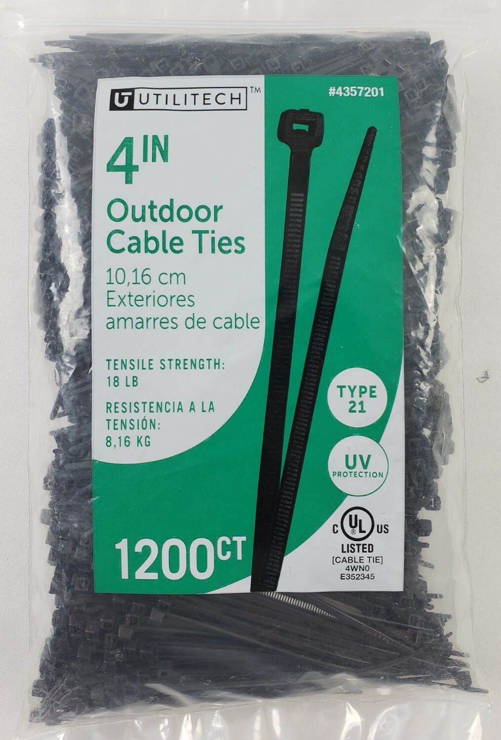 Utilitech 1200ct 4" Outdoor Cable Ties - 18 lb strength, UV Protection ...