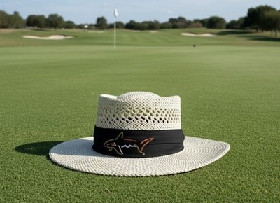 Greg Norman Signature Straw Hat w/ Embroidered Shark Logo Black Band ...