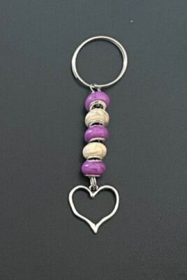 Beaded Keyring Bag Charm Purple Beads Silver Tone Love Heart | eBay UK