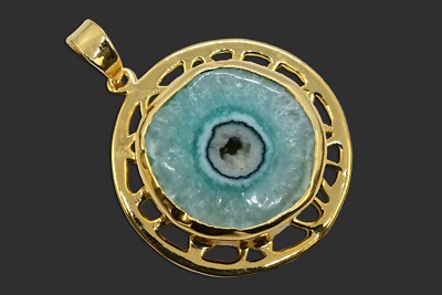 18k Gold Plated Solar Quartz Green Druzy Pendant geometric Overlay ...