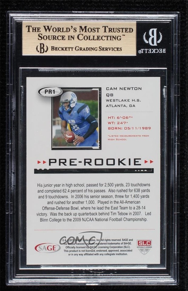 2011 SAGE Hit Pre-Rookie Cam Newton #PR1 BGS 9.5 GEM MINT RC | eBay