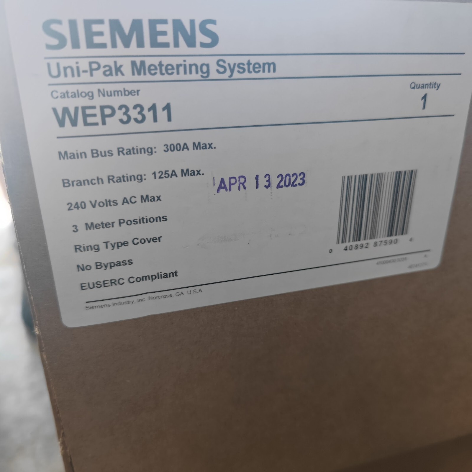 SIEMENS WEP3311 300A 3-Gang 125A Ring Type Meter Socket UNIPAK NEMA 3R ...
