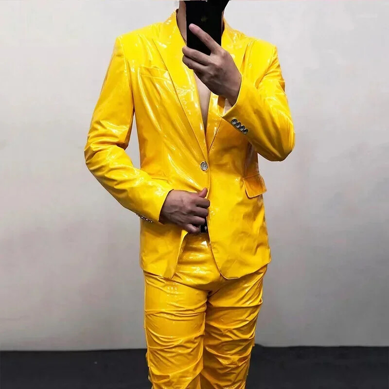 Men's Leather Long Sleeve Suits Jacket Male Slim PVC Overcoat Business ...