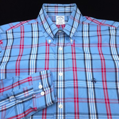 Brooks Brothers Shirt Mens M Regent Non Iron Blue White Red Black | eBay